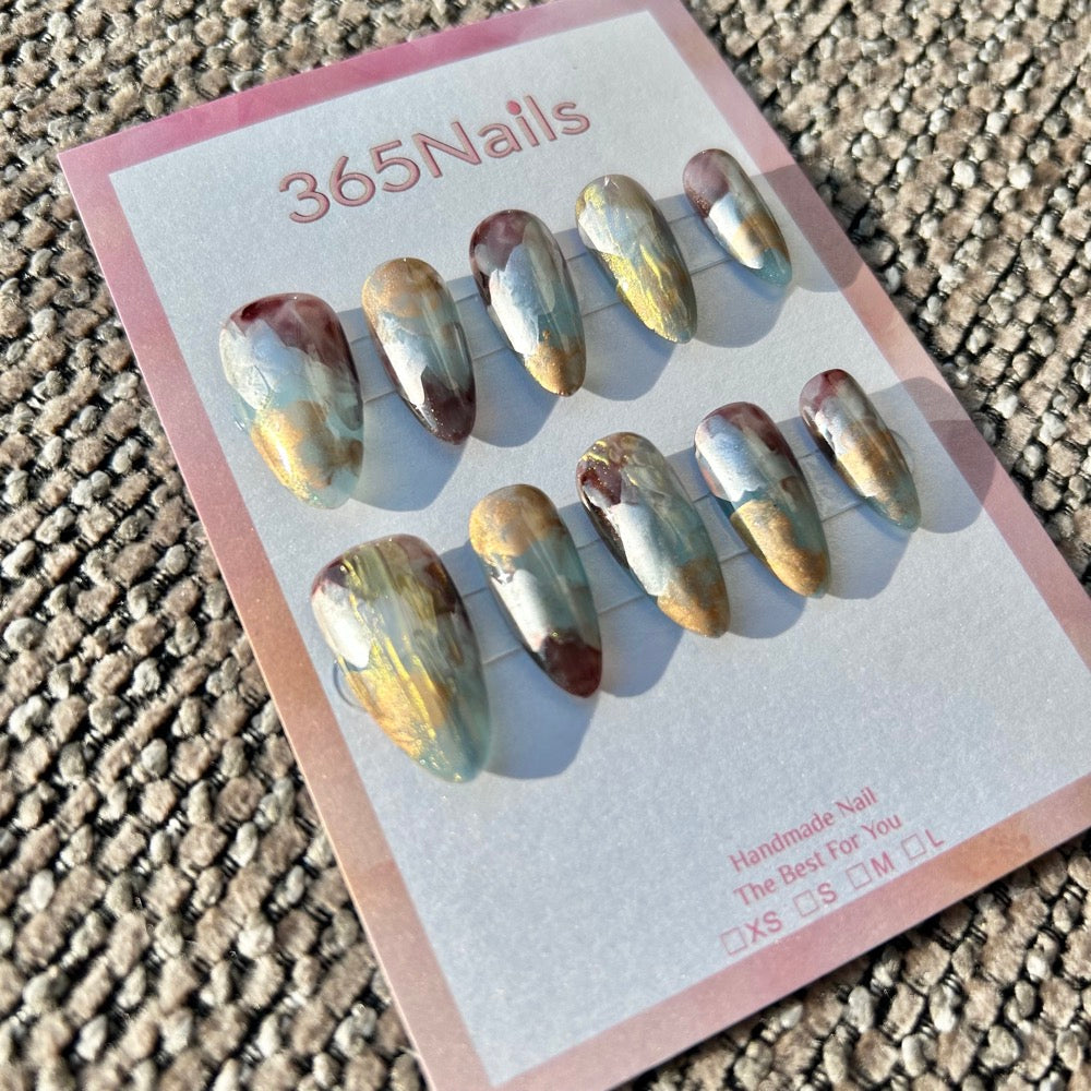 Oxidized Copper & Molten Gold Vintage Geo-Art Blue & Brown Nails ｜ Ha ...