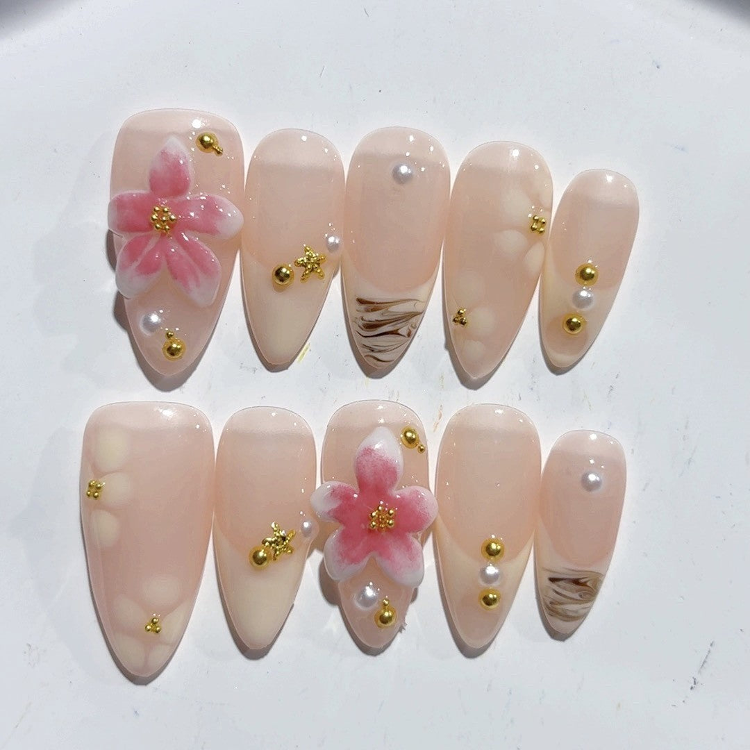 Sakura Pearl: "Cherry Blossom Stripe" – Almond Shape Handmade 3D Carved ...
