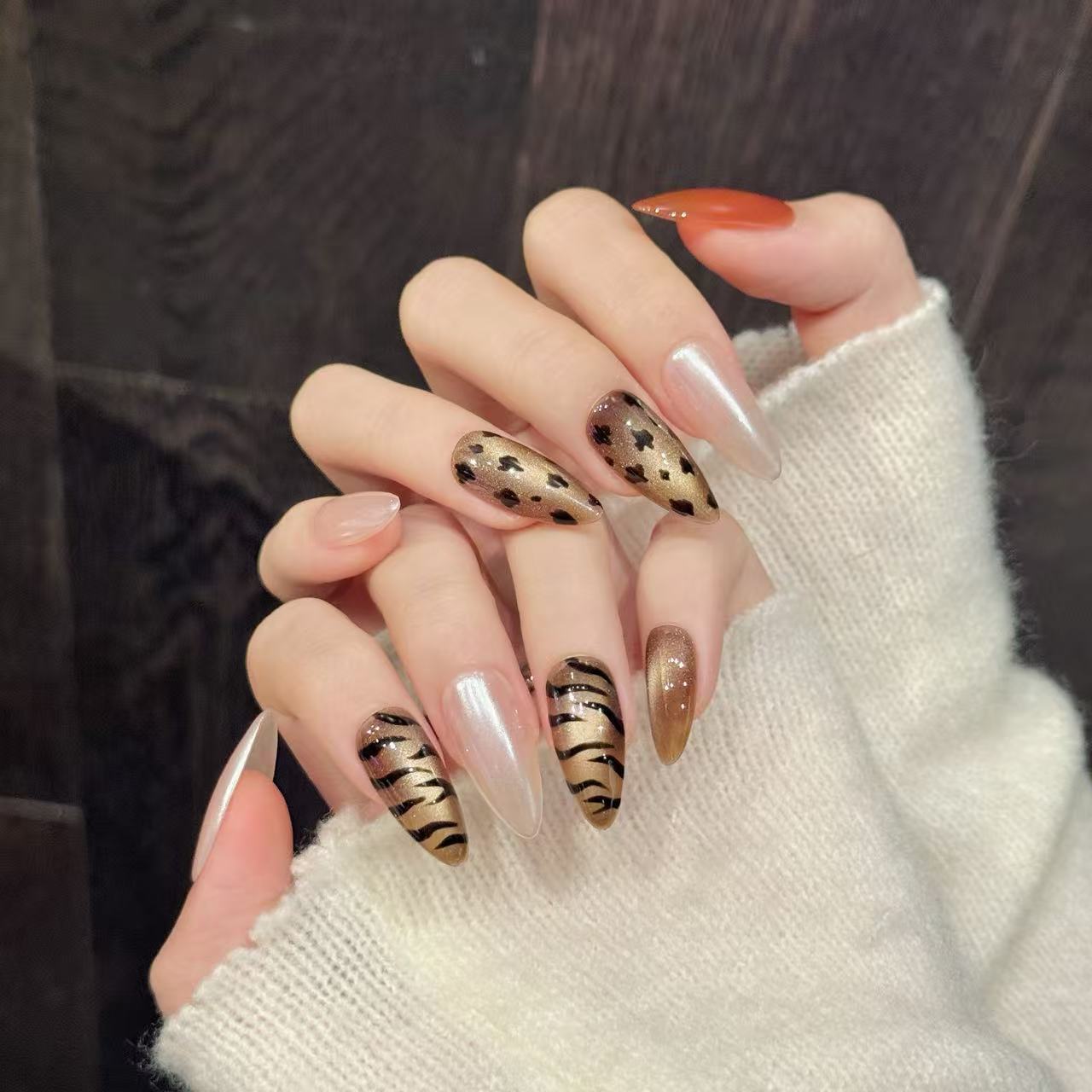 Pearl Nude Animal Print Gold Glam Press On Nails – 365nails
