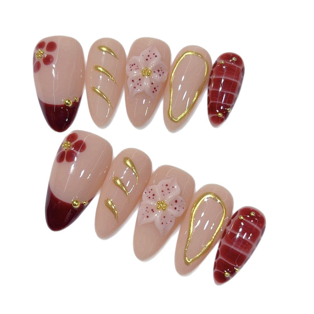 Cherry Blossom: "Crimson Sakura" – Almond Shape Press-On Nails – 365nails