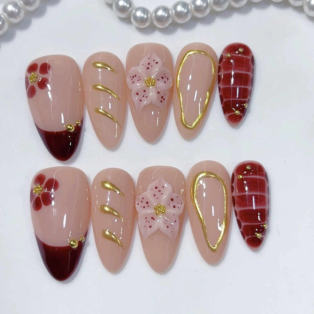 Cherry Blossom: "Crimson Sakura" – Almond Shape Press-On Nails – 365nails